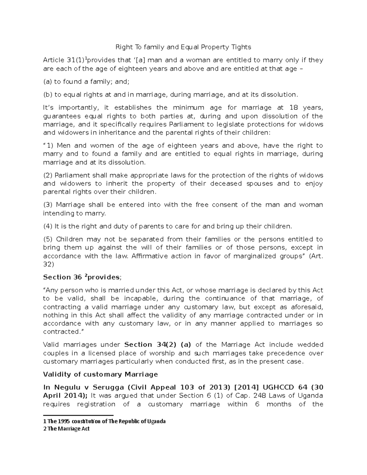 Domestic 3 - Right To family and Equal Property Tights Article 31(1) 1 ...