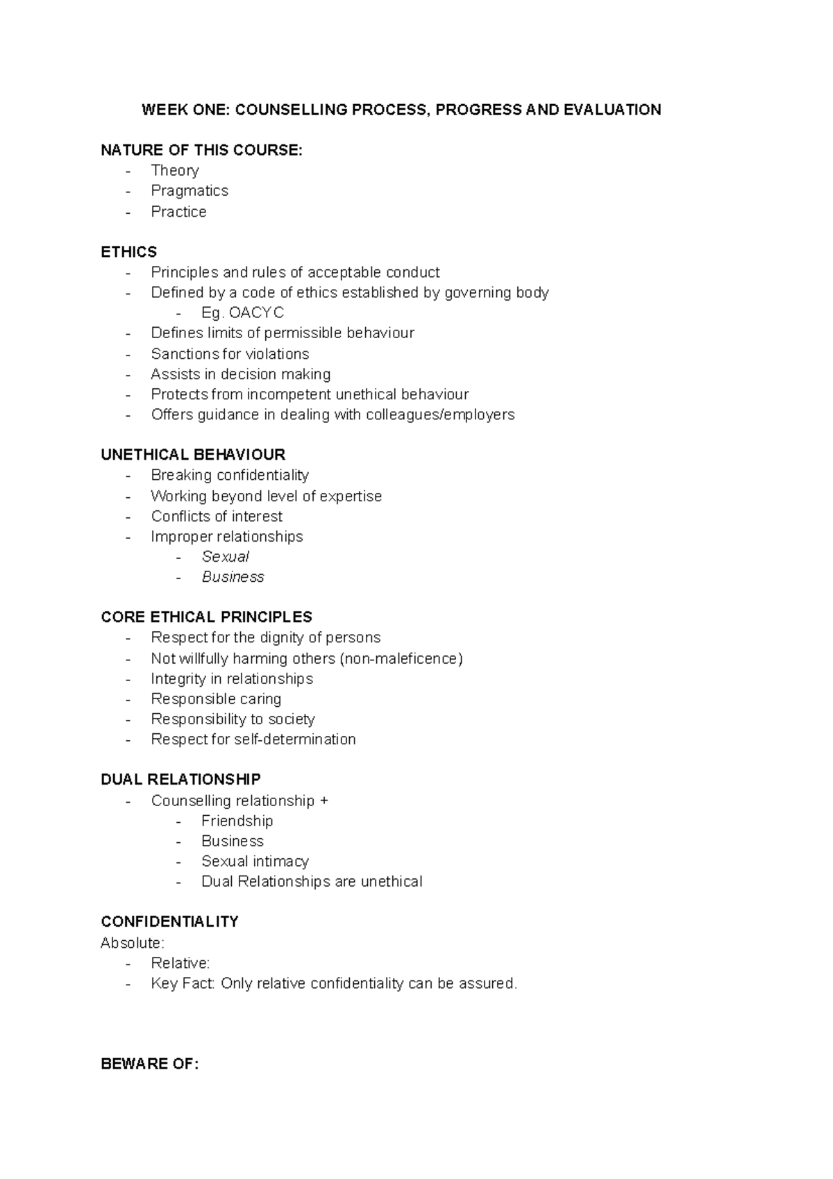 NOV 27 Class Notes WEEK ONE COUNSELLING PROCESS PROGRESS AND NOV 27 Class Notes WEEK ONE COUNSELLING PROCESS PROGRESS AND