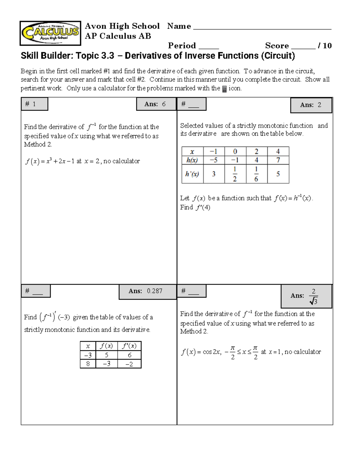 Topic 3.3 - Derivatives of Inverse Functions (Circuit) - Avon High ...