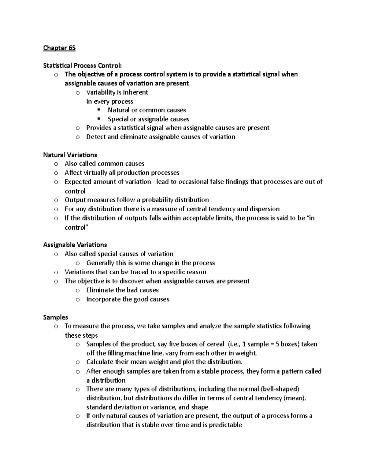 PROD EXAM 2 NOTES - Chapter 6S Staisical Process Control: o The ...