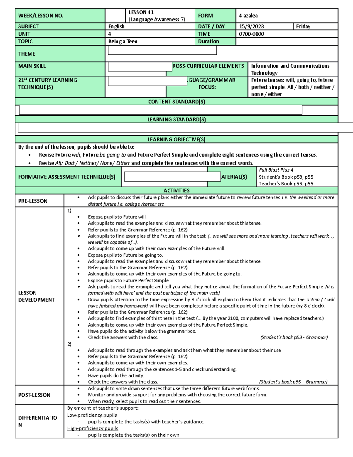 Lesson 41 4ae - WEEK/LESSON NO. LESSON 41 (Language Awareness 7) FORM 4 ...