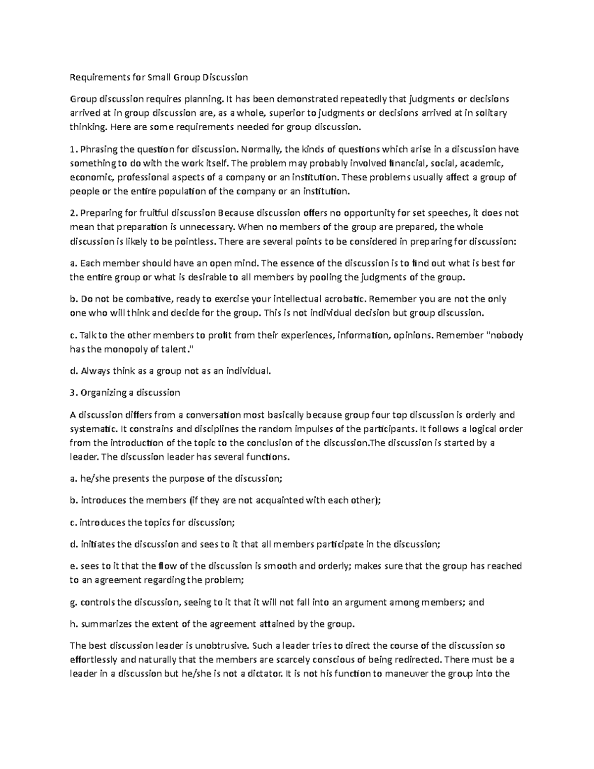 Requirements for Small Group Discussion - It has been demonstrated ...