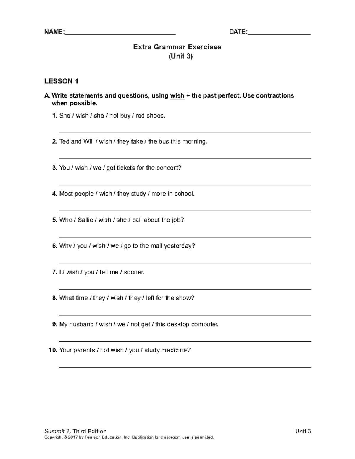 Grammar 3 - NAME: DATE: Summit 1, Third Edition Unit 3 Extra Grammar ...