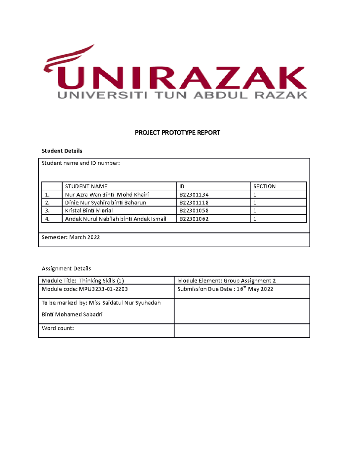 Project Prototype Report - PROJECT PROTOTYPE REPORT Student Details ...