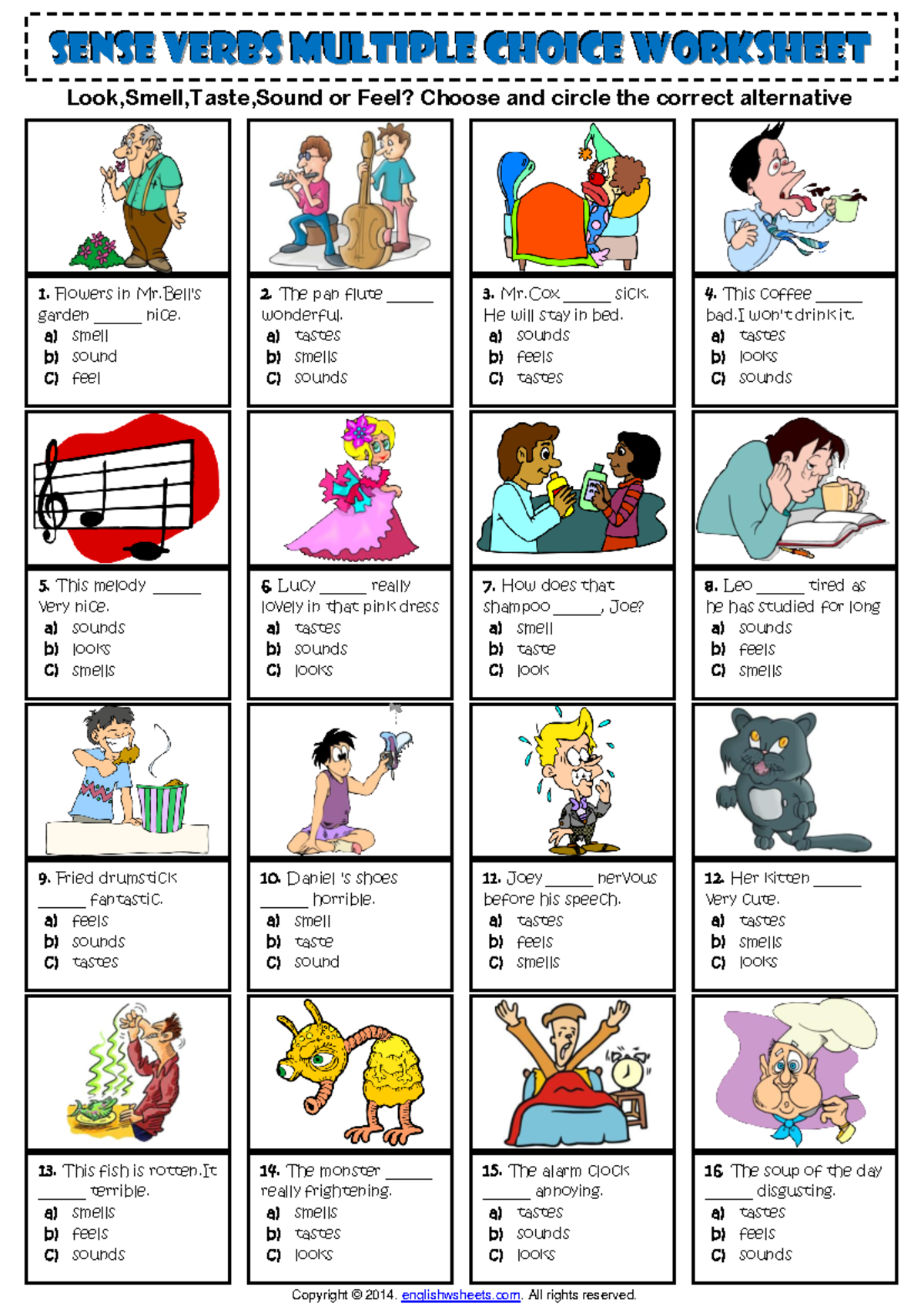 Sense verbs esl multiple choice test worksheet - SSESEENNNSSSEEE ...