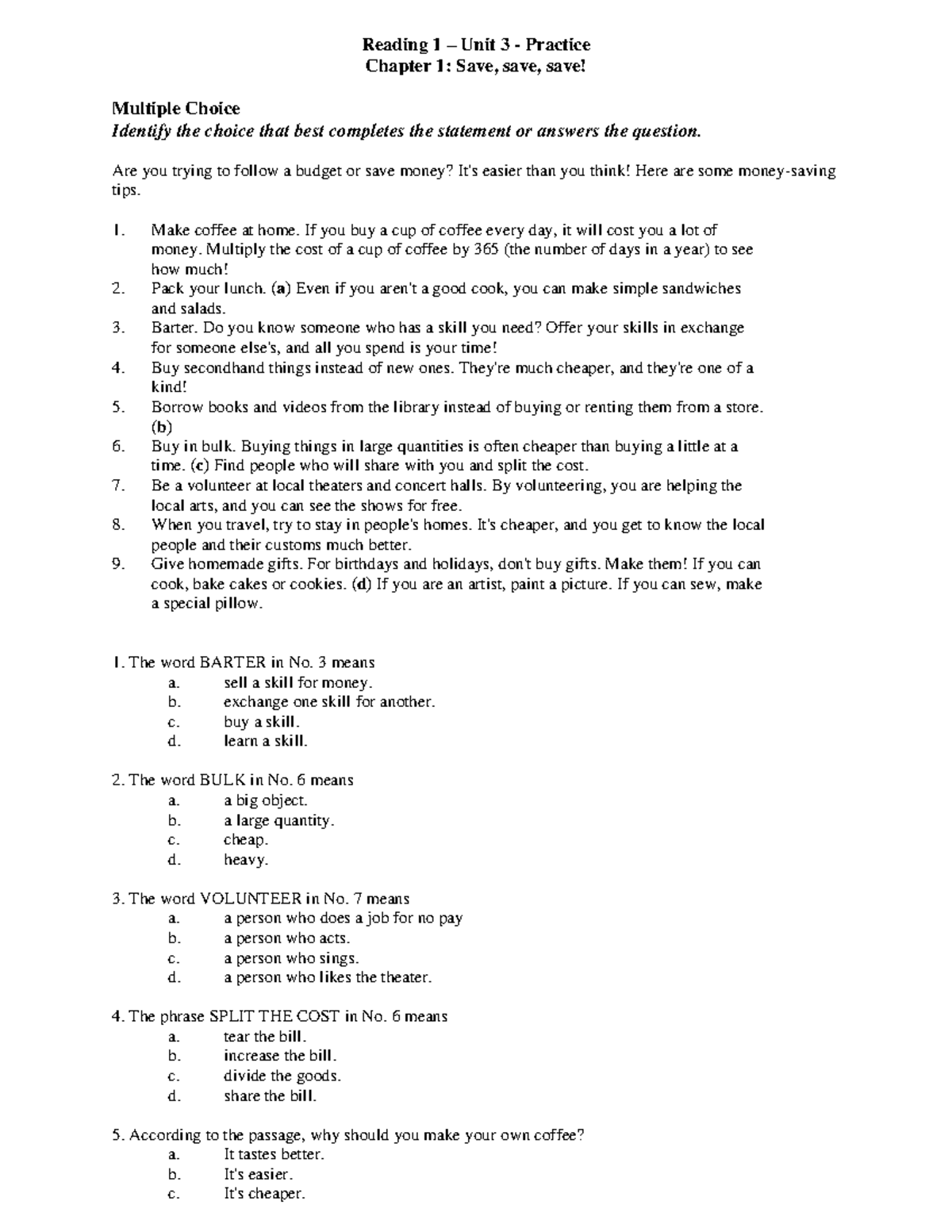 Reading 1 - Unit 4 - Practice test - Reading 1 – Unit 3 - Practice ...