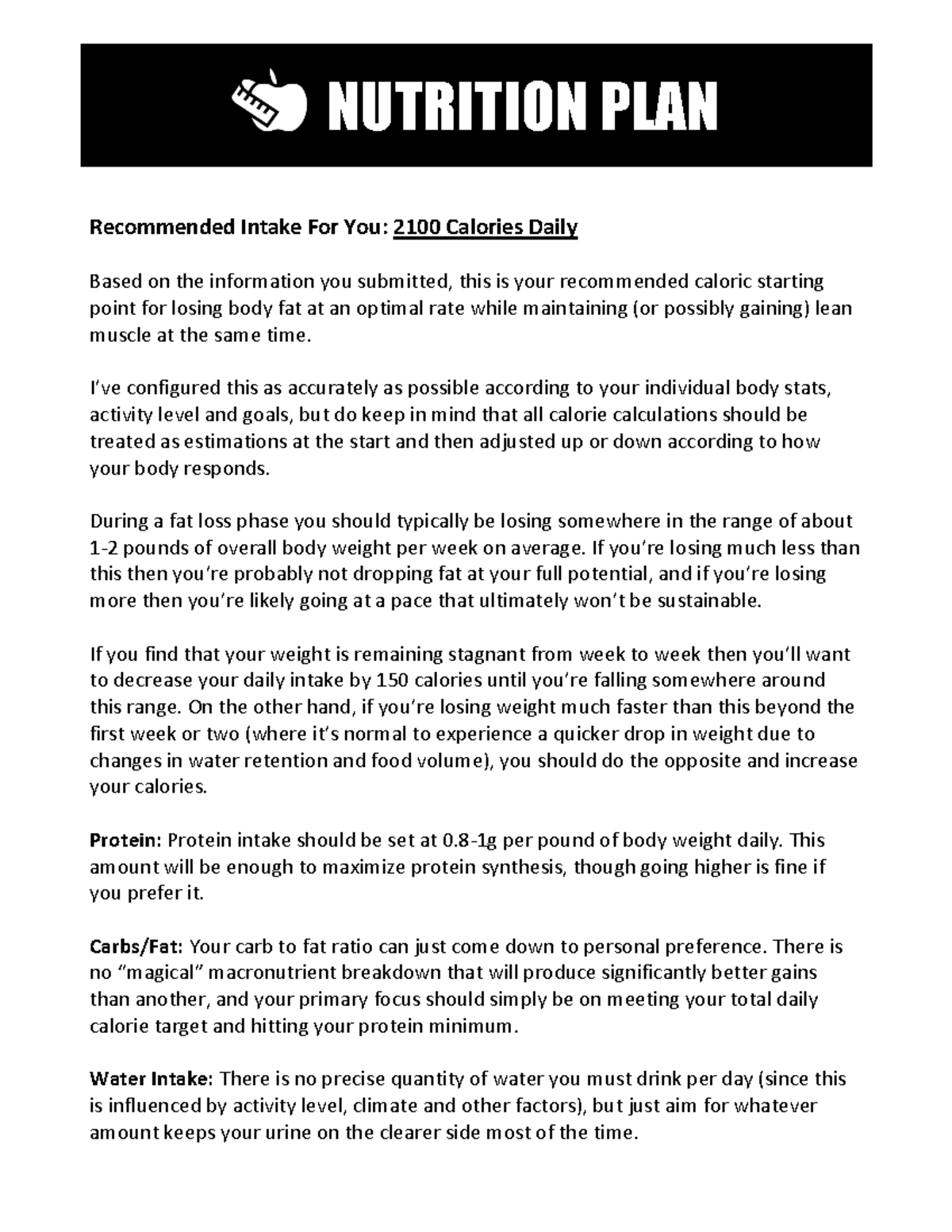 Nutrition Plan - NUTRITION PLAN Recommended Intake For You: 2100 ...