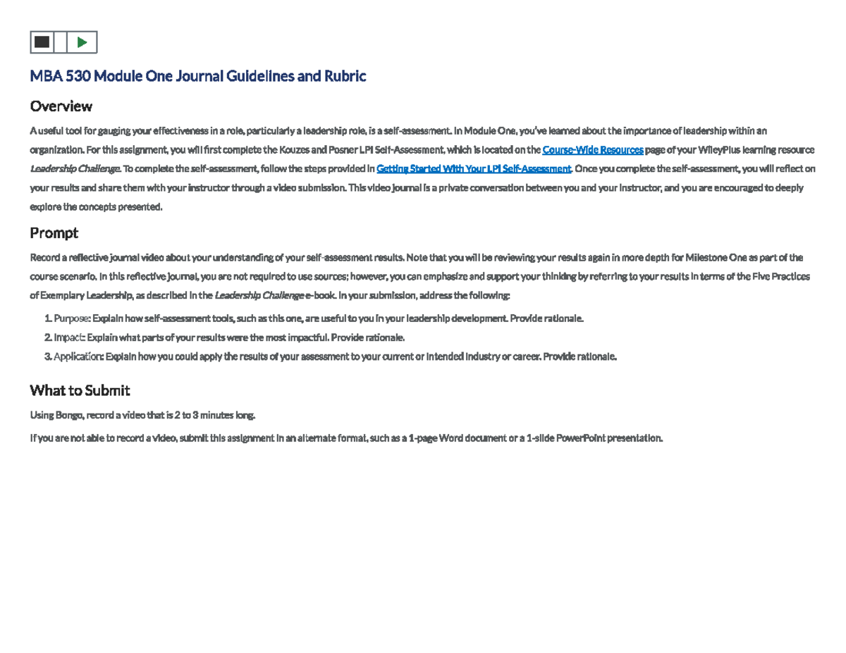 Module One Journal Guidelines and Rubric - MBA 530 - Studocu