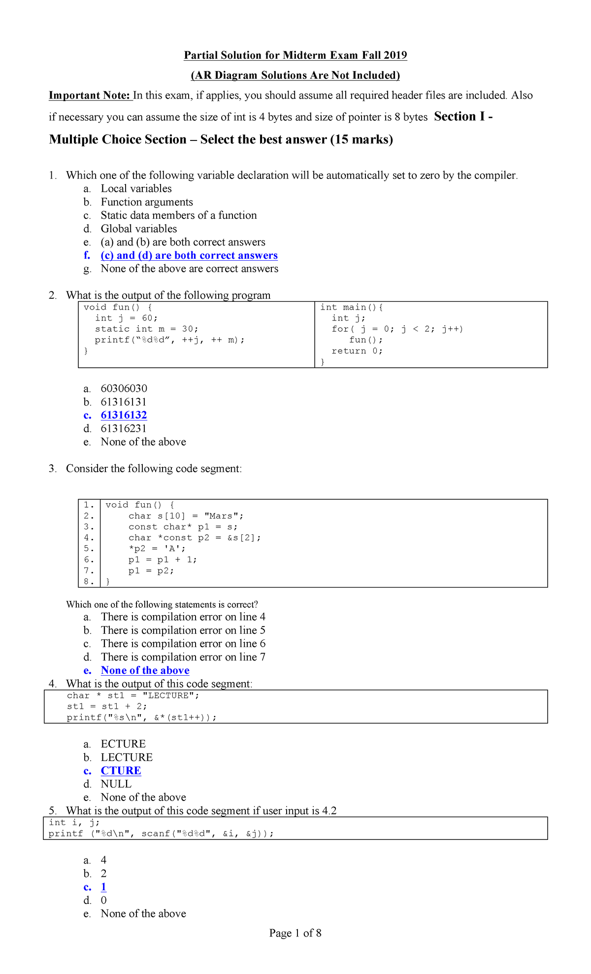 Midterm 2019, partial answers - Partial Solution for Midterm Exam Fall ...