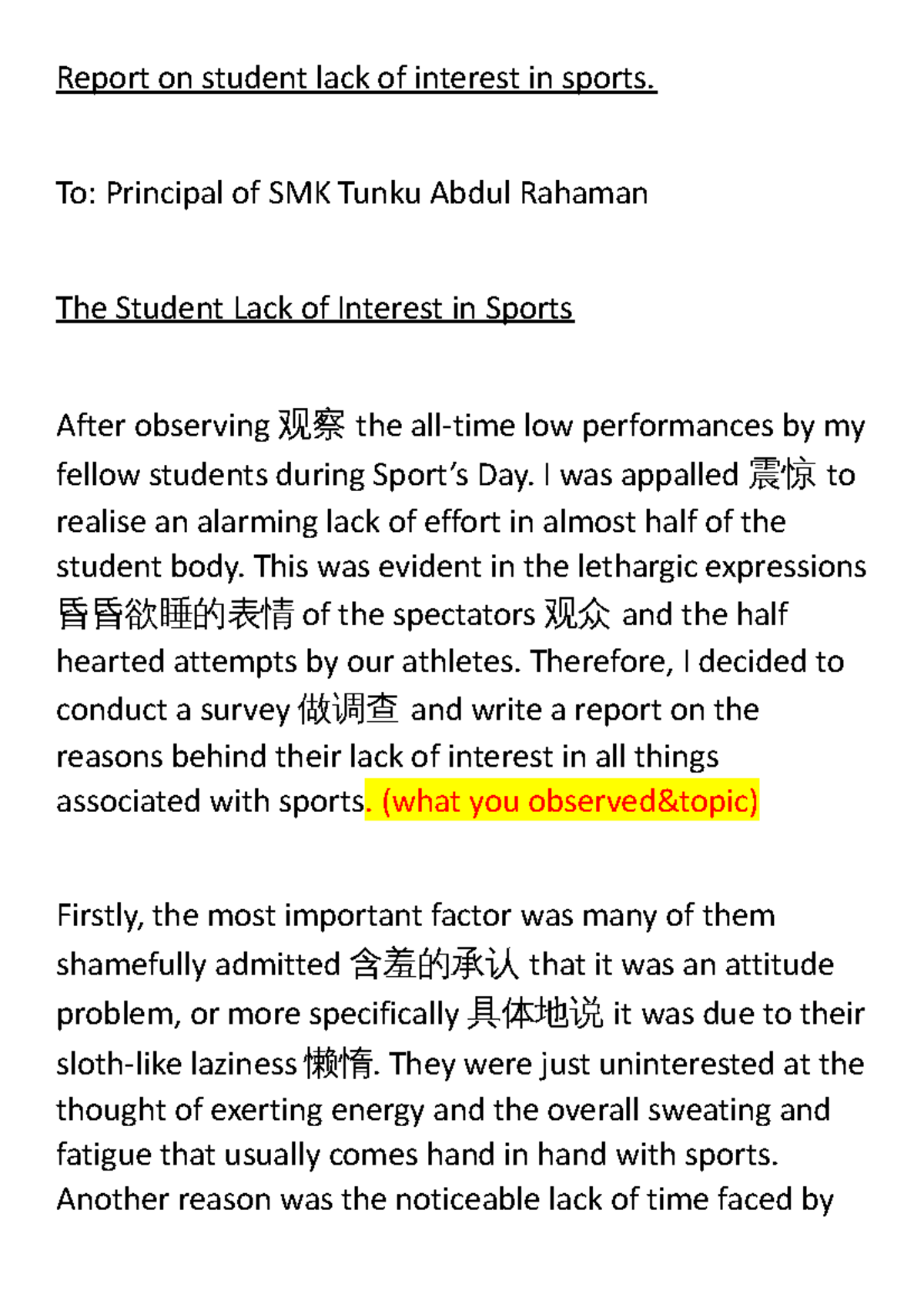 Report on student lack of interest in sports - To: Principal of SMK ...