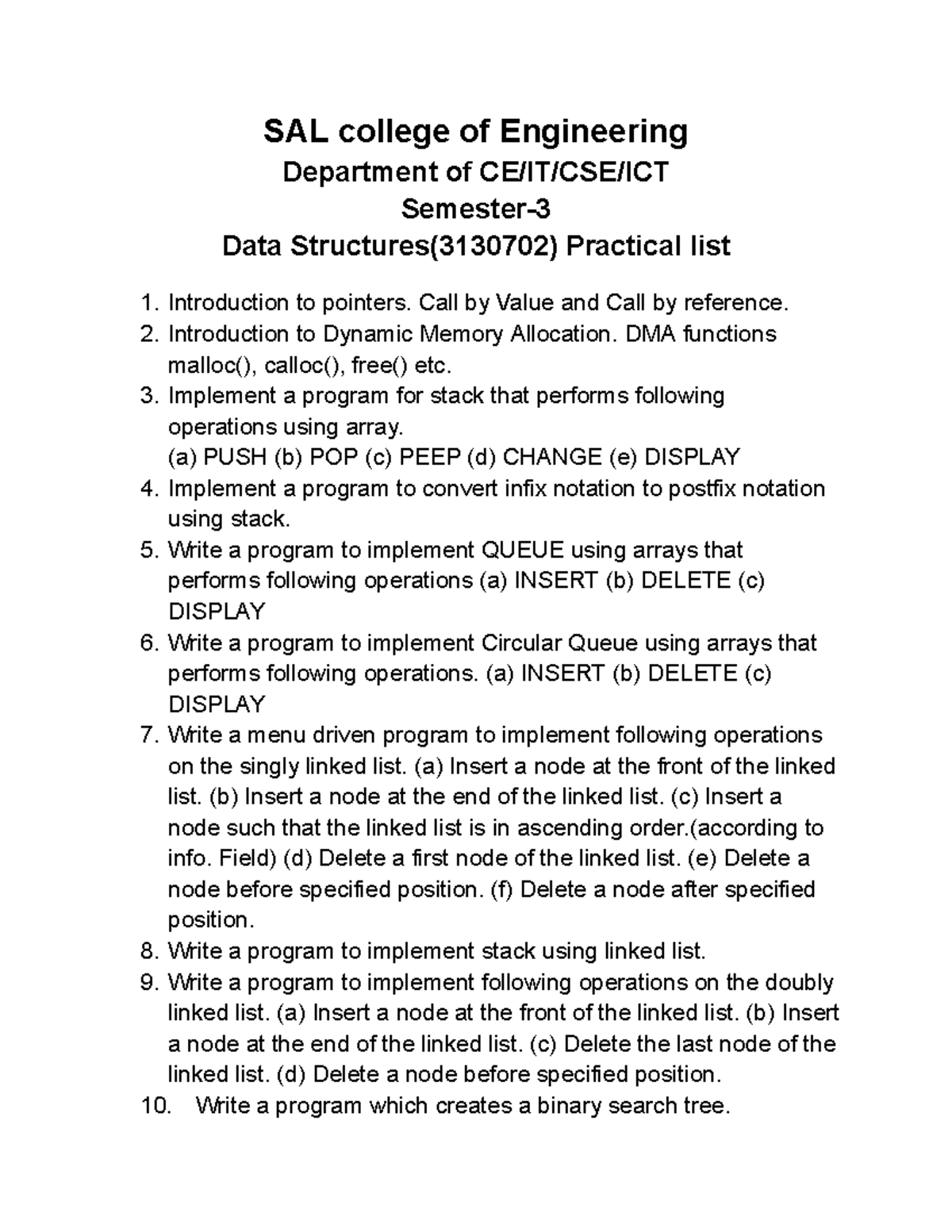 DS practical list - SAL college of Engineering Department of CE/IT/CSE ...