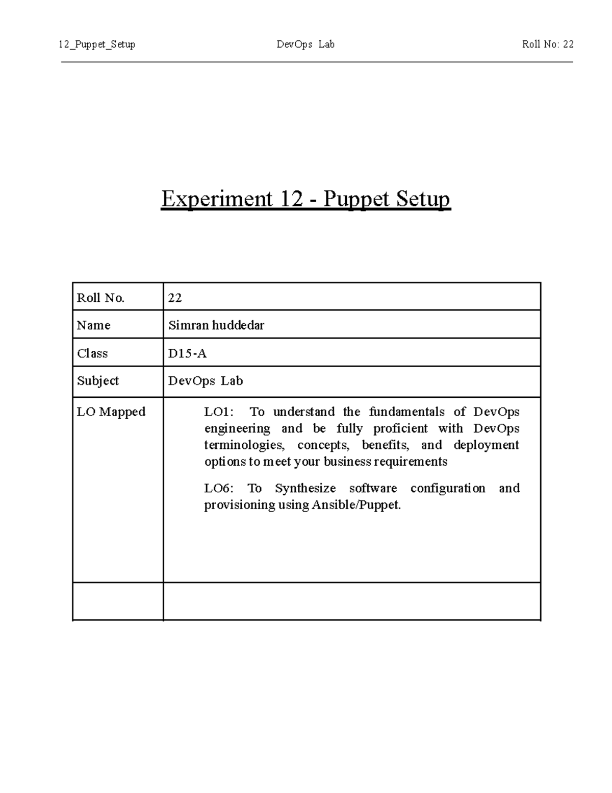 Simranhuddedar- 12 Puppet Setup - Experiment 12 - Puppet Setup Roll No. 22 Name Simran huddedar ...