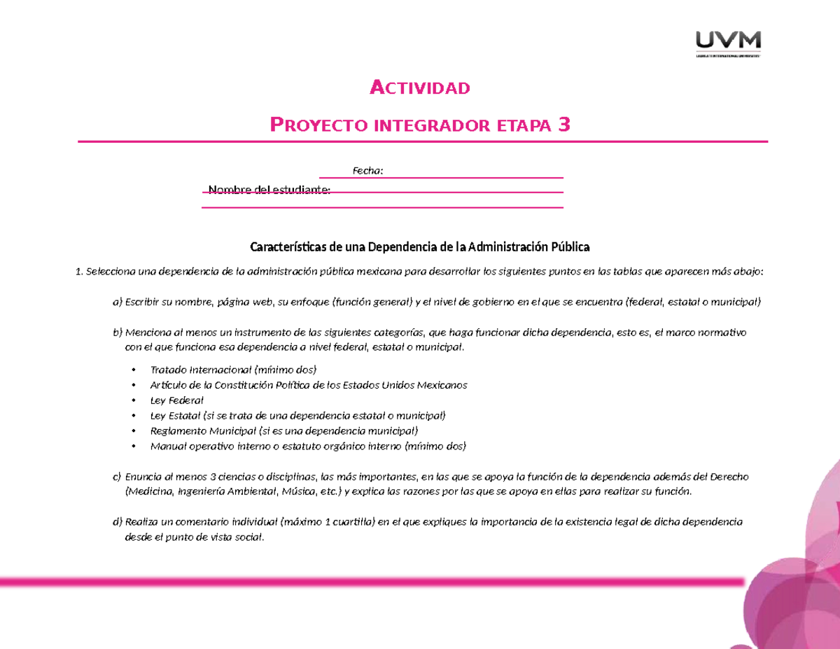 Actividad numero 5 proyecto - ACTIVIDAD PROYECTO INTEGRADOR ETAPA 3 Fecha: Características de ...