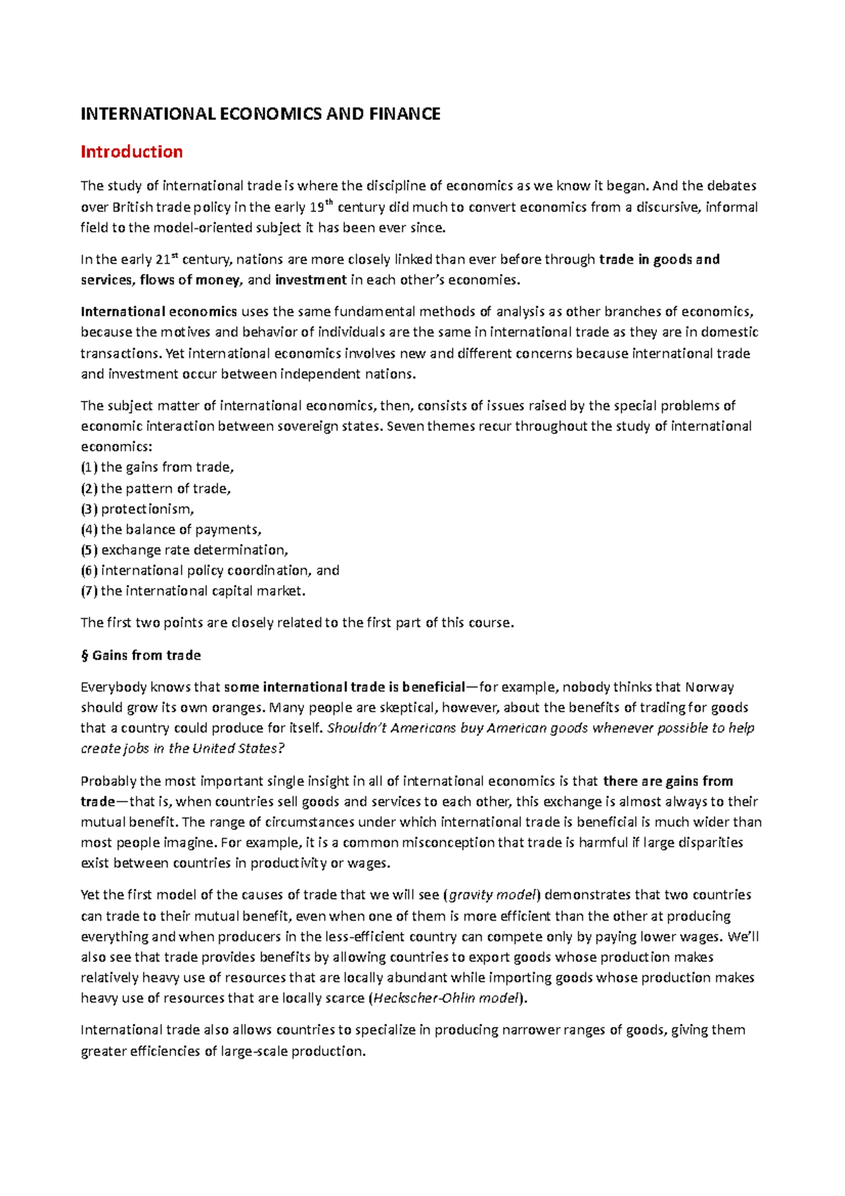 Class Notes International Economics and Finance (first part ...