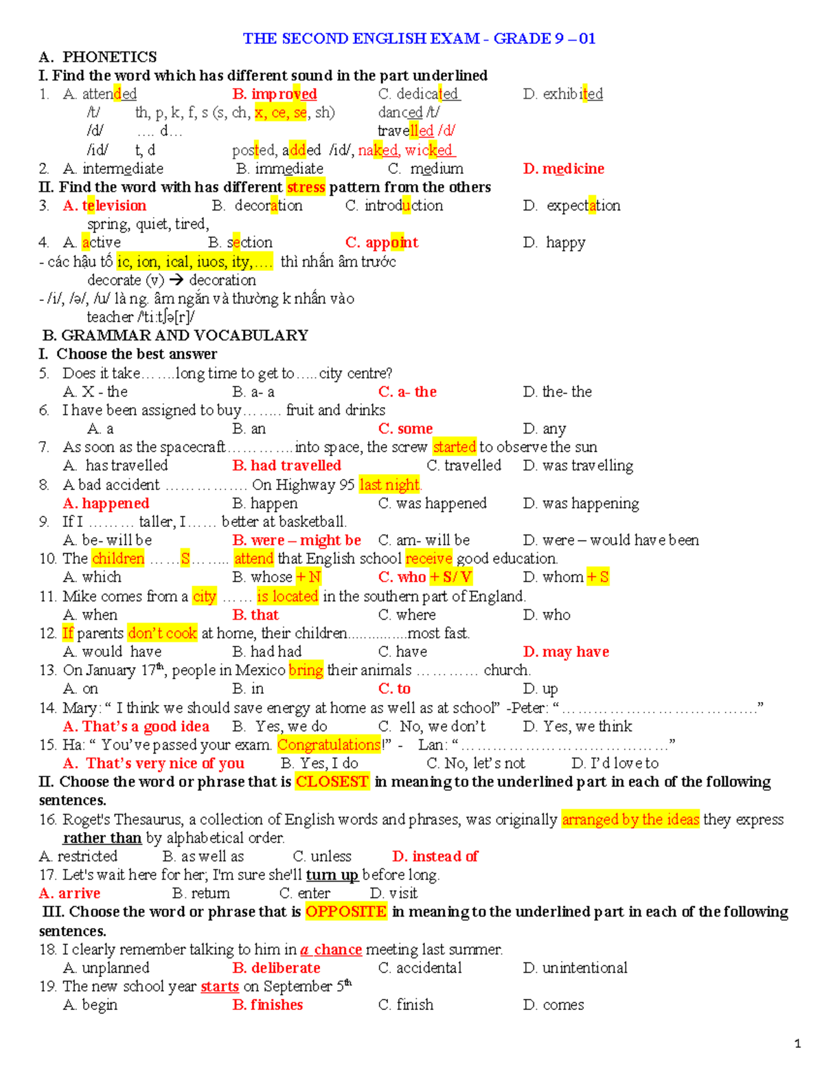 THE Second English EXAM Grade 9 2022 KEYS - THE SECOND ENGLISH EXAM ...