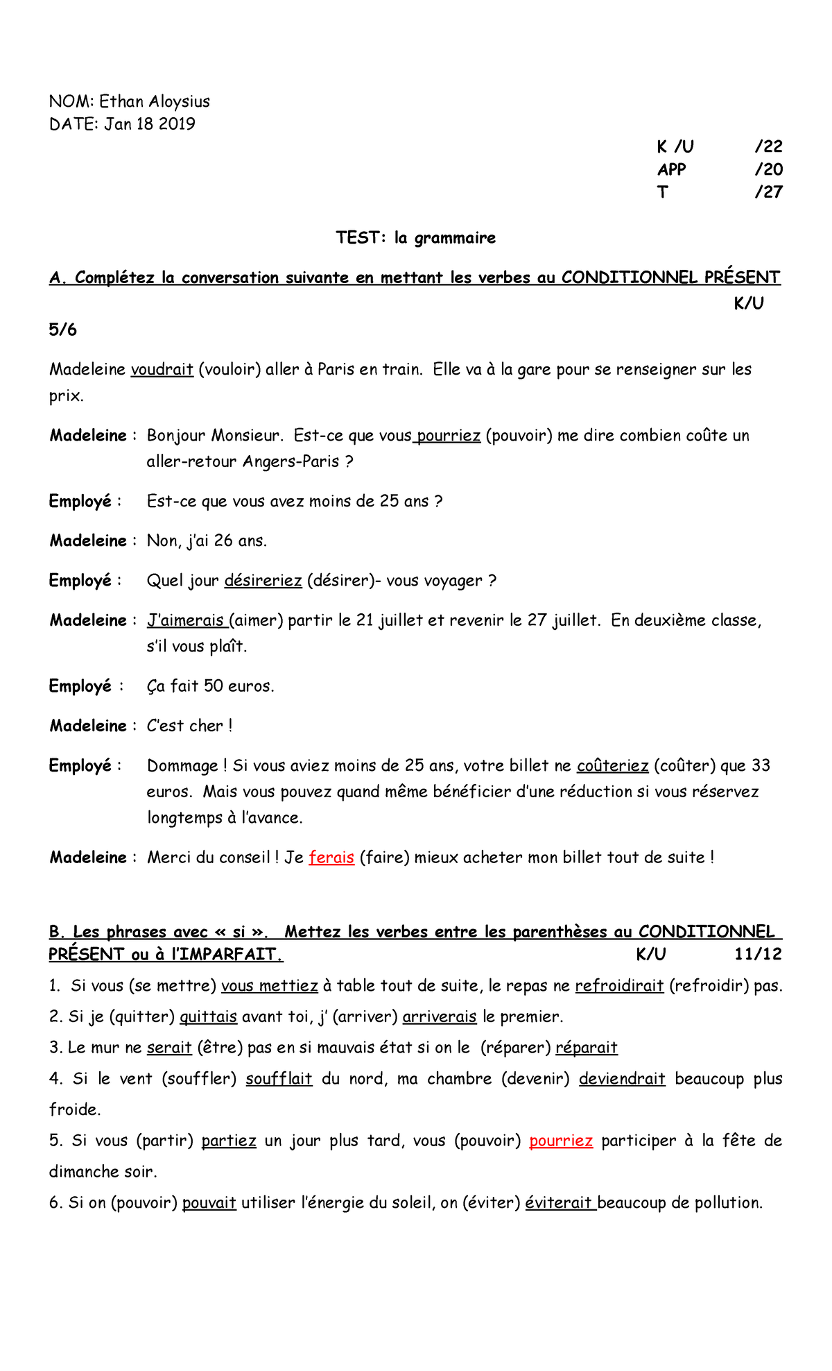 Grade 10 Test de grammaire Imperatif, Accord DU PP, SI+impf COND PRES ...