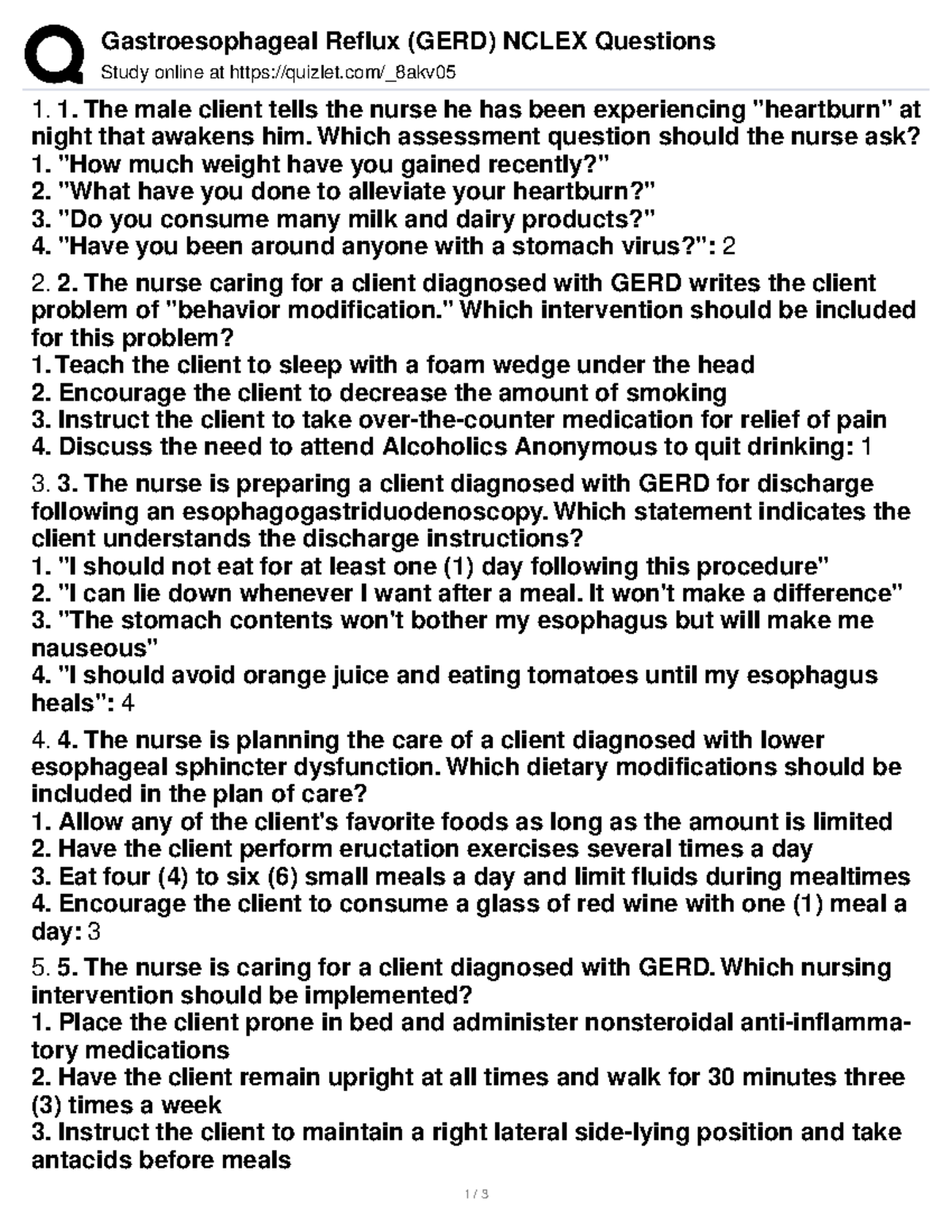 Gastroesophageal Reflux (GERD) Nclex Questions - Gastroesophageal Reflux (GERD) NCLEX Questions ...