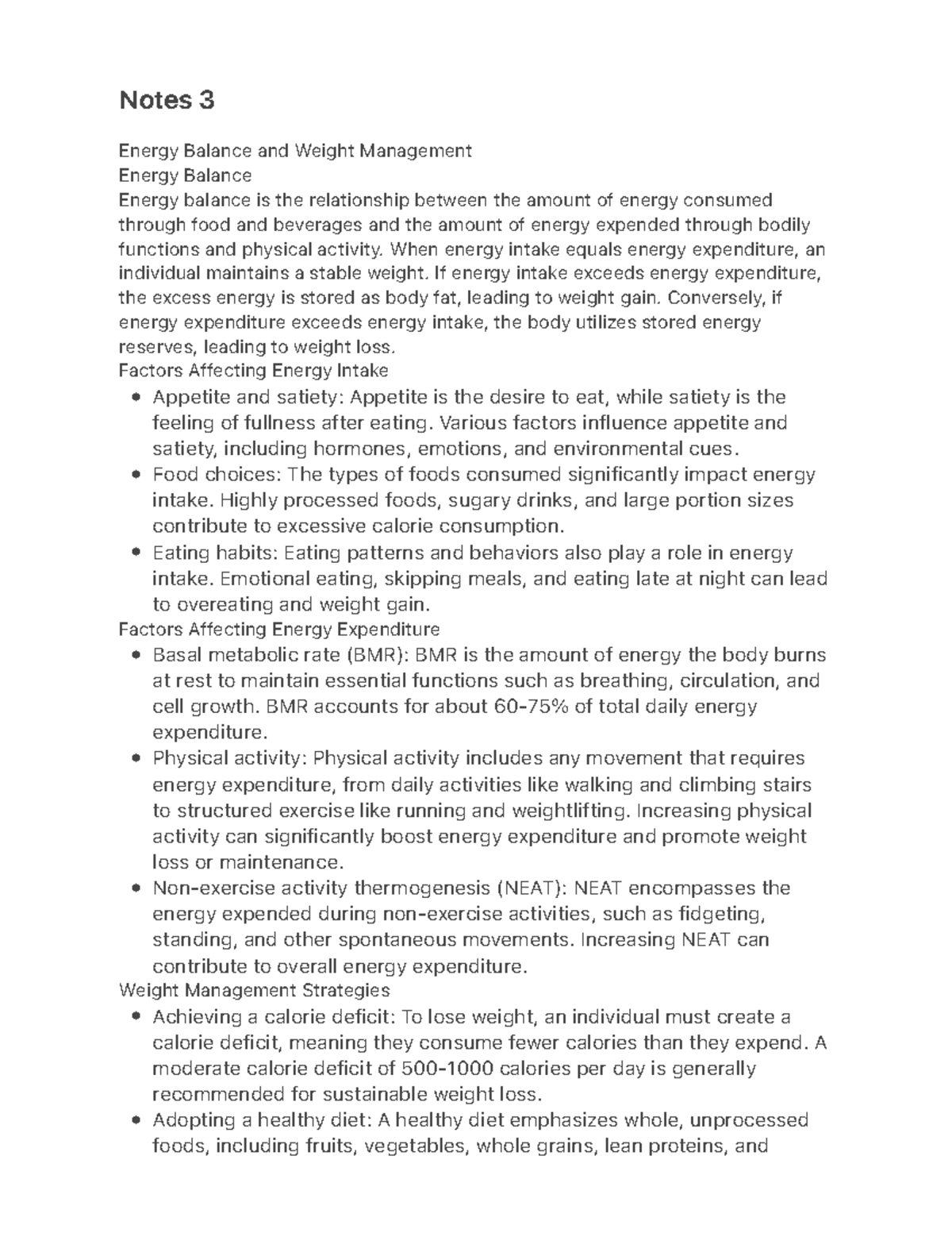 Notes 3 - Notes 3 Energy Balance and Weight Management Energy Balance ...