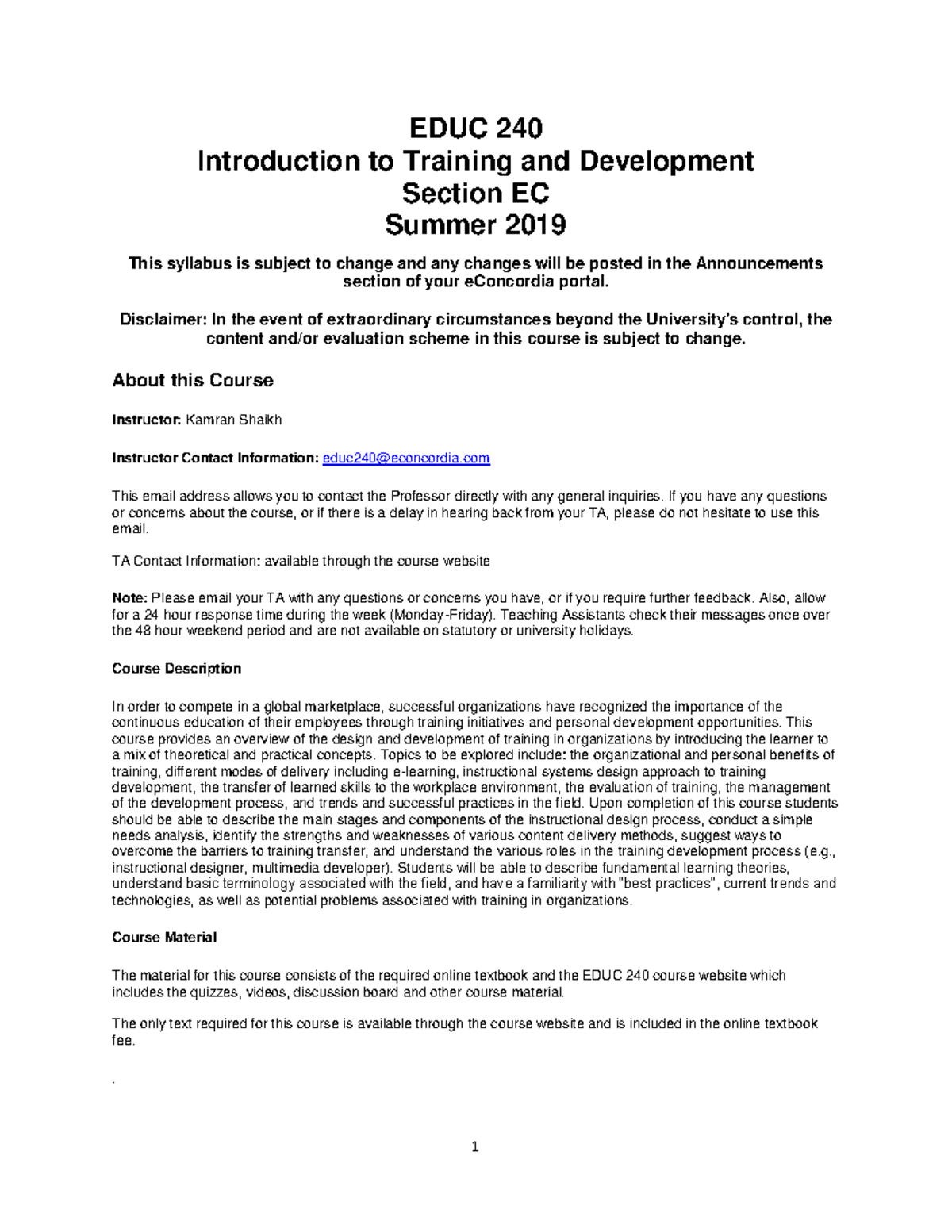 Training development notes for chapter 1 - EDUC 240 Introduction to ...