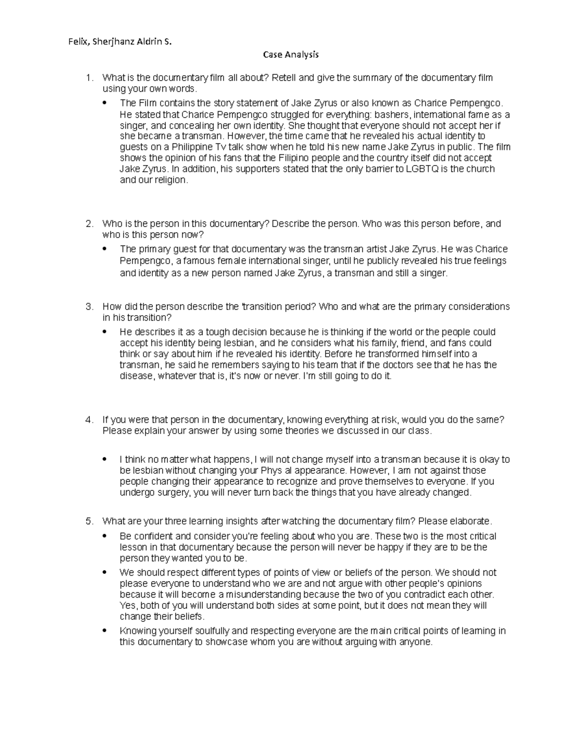 Felix Sherjhanz Gender-Case Analysis - Felix, Sherjhanz Aldrin S. Case ...