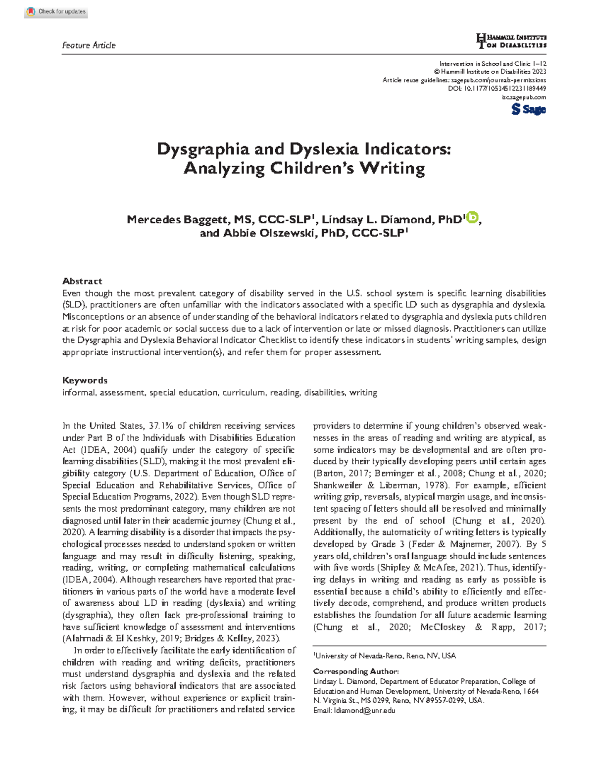 Baggett et al 2023 dysgraphia and dyslexia indicators analyzing ...