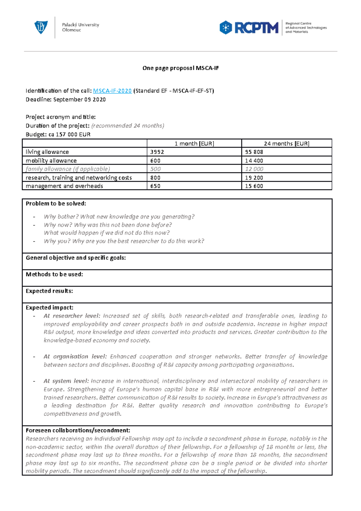 MSCA-IF One Page 1 - forms default - One page proposal MSCA-IF ...