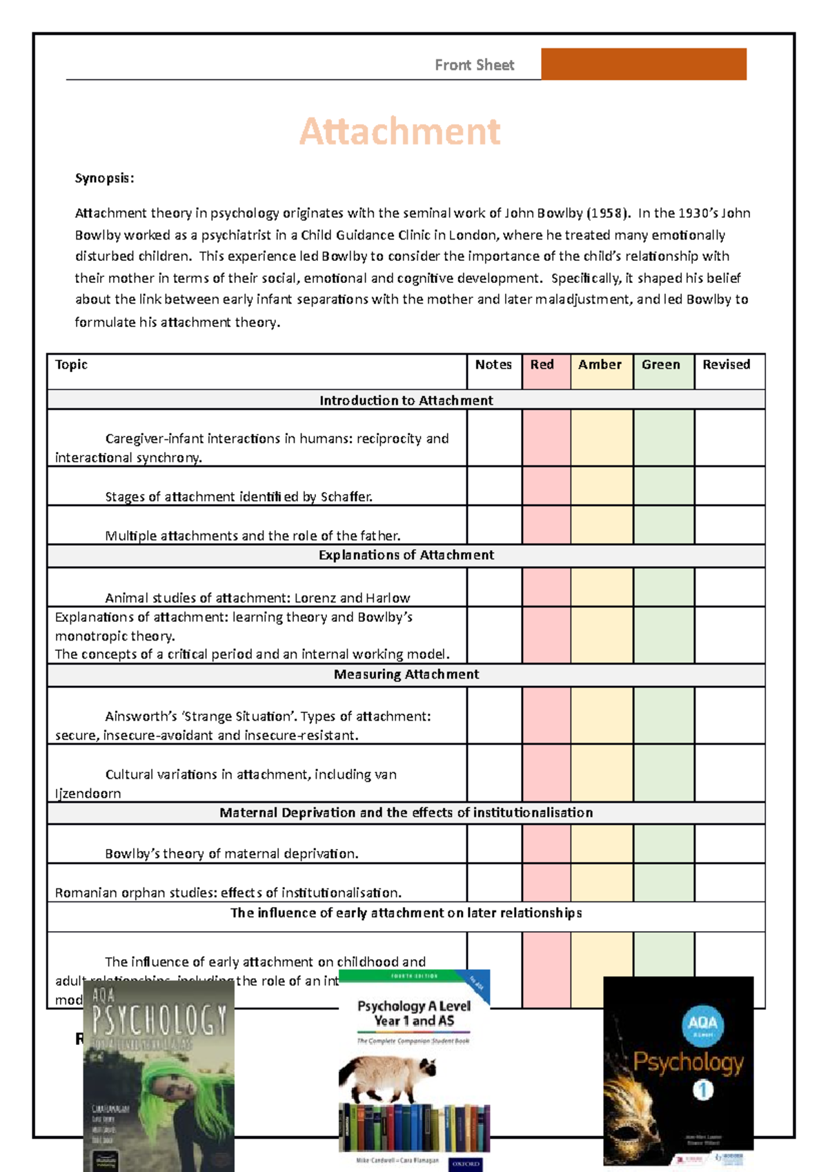Attachment Front Sheet - Front Sheet Synopsis: Attachment theory in ...