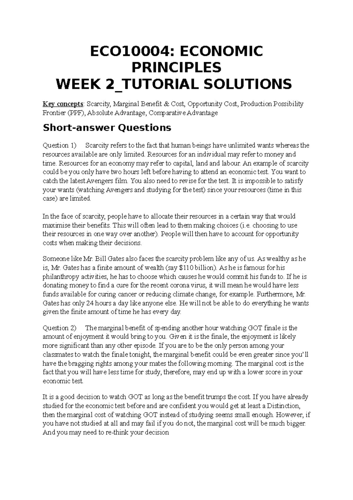 Week 2 Tutorial Solutions - ECO10004: ECONOMIC PRINCIPLES WEEK 2 ...