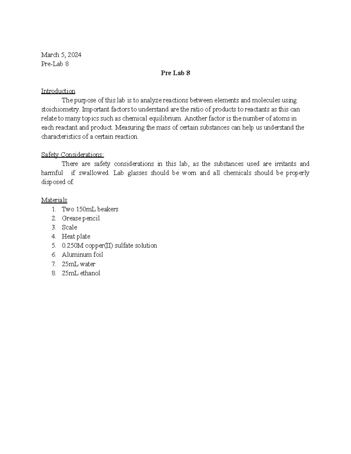 Pre-lab 8 - lab 8 - March 5, 2024 Pre-Lab 8 Pre Lab 8 Introduction The purpose of this lab is to ...