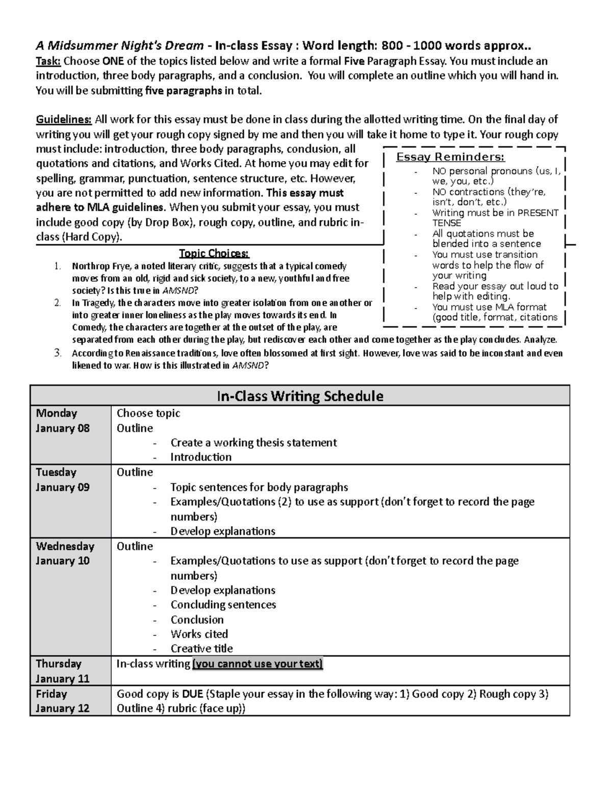 a mid summer nights dream english essay rubric - A Midsummer Night's ...
