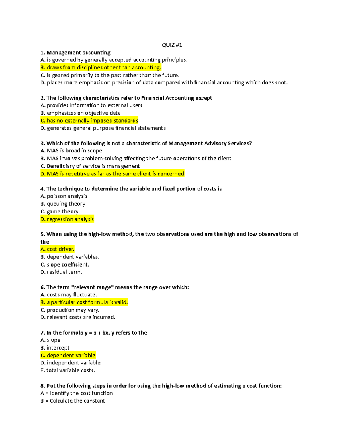 MAS QUIZ #1 - Questions and problems with answers about management ...