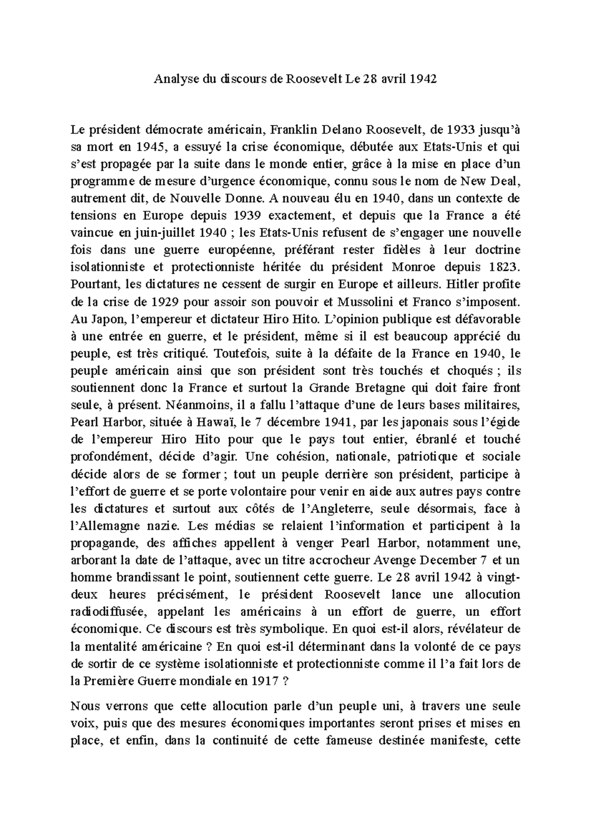 Analyse du discours de Roosevelt Le 28 avril 1942 - Analyse du discours ...
