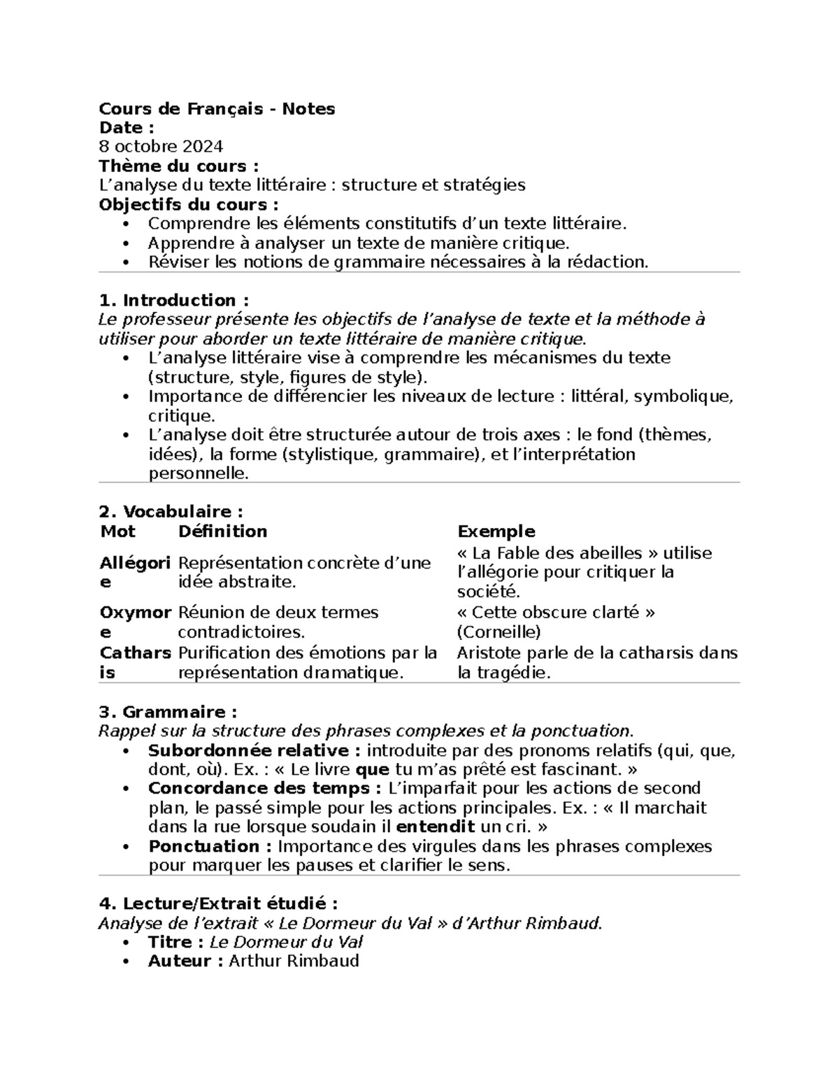 Cours de Français - notes - Cours de Français - Notes Date : 8 octobre ...