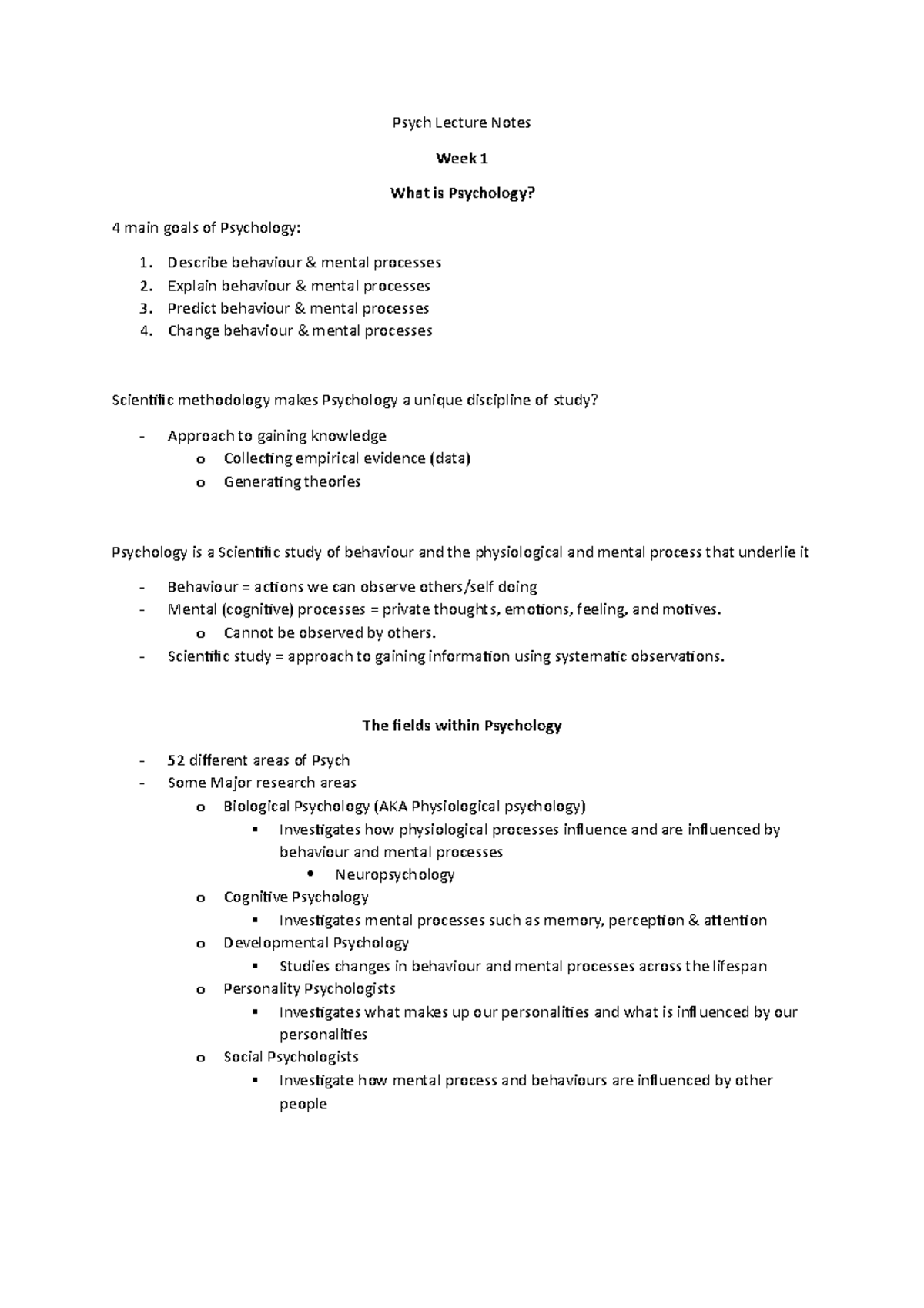 Intro to Psych Lecture Notes - Psych Lecture Notes Week 1 What is ...