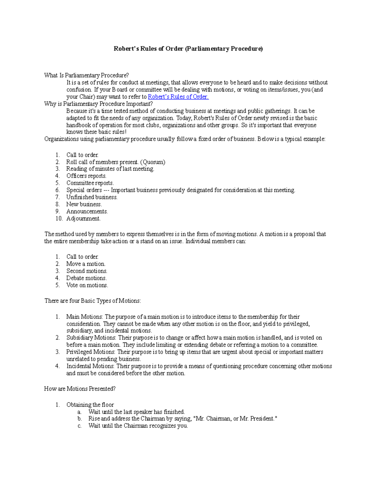 Lesson 1 robert's rules of order - Robert’s Rules of Order ...