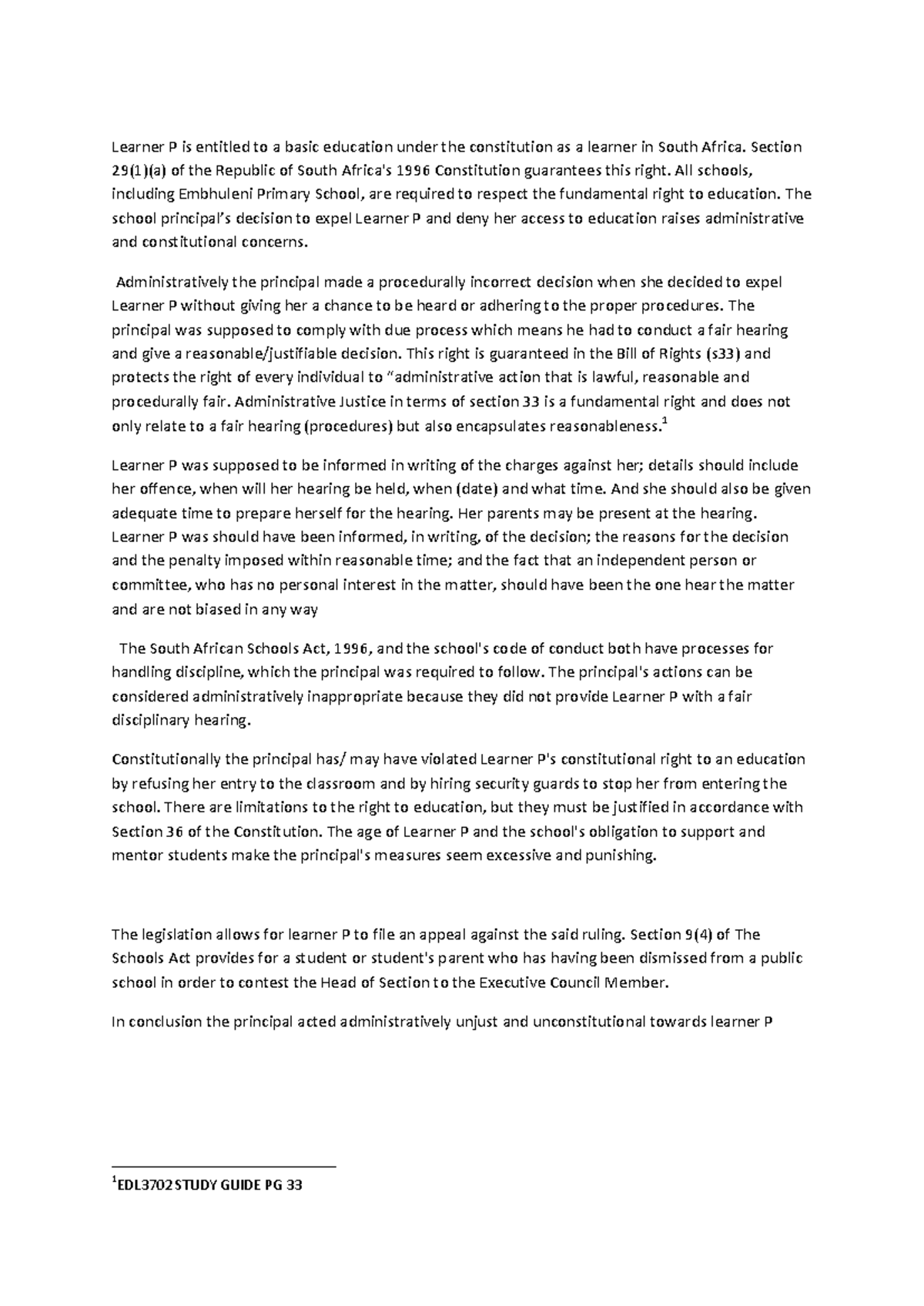 EDL 3703 Assiagment 1 - practice material - Learner P is entitled to a ...