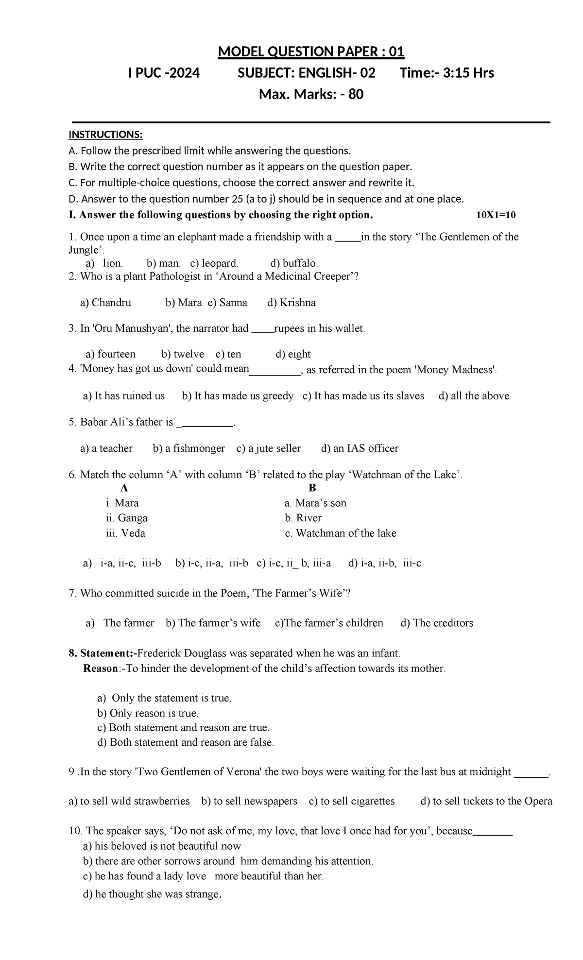 02. English Model QP I PUC 2023-24 - MODEL QUESTION PAPER : 01 I PUC ...