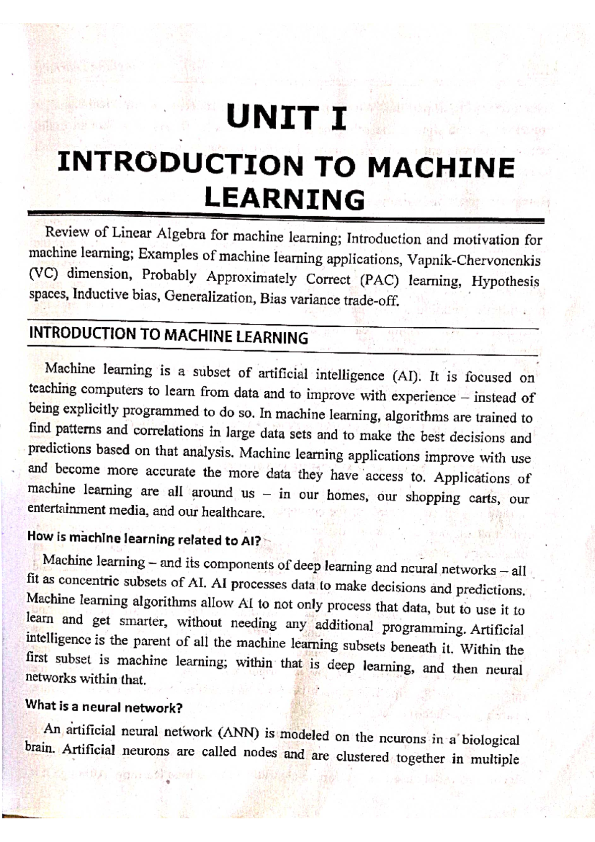 ML unit 1 - good Notes for exam - Machine Learning - Studocu