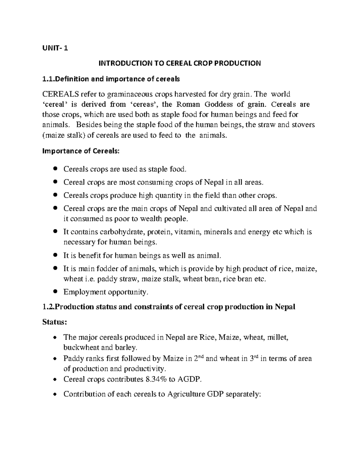 introduction to cereal crops - UNIT- 1 INTRODUCTION TO CEREAL CROP ...