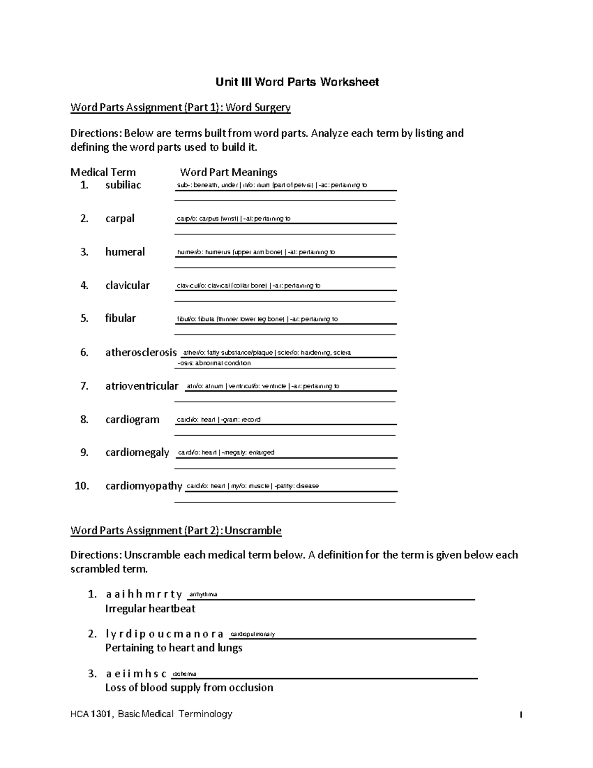 Unit 3 - A worksheet for unit 3 - HCA 1301, Basic Medical Terminology 1 ...