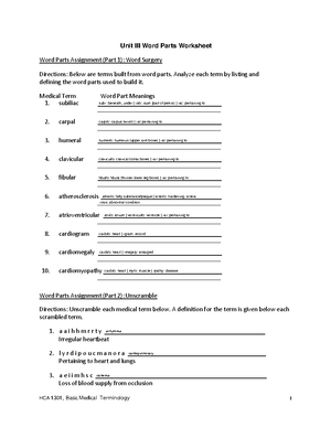Unit 2 - A worksheet for unit 2 - HCA 1301, Basic Medical Terminology 1 ...