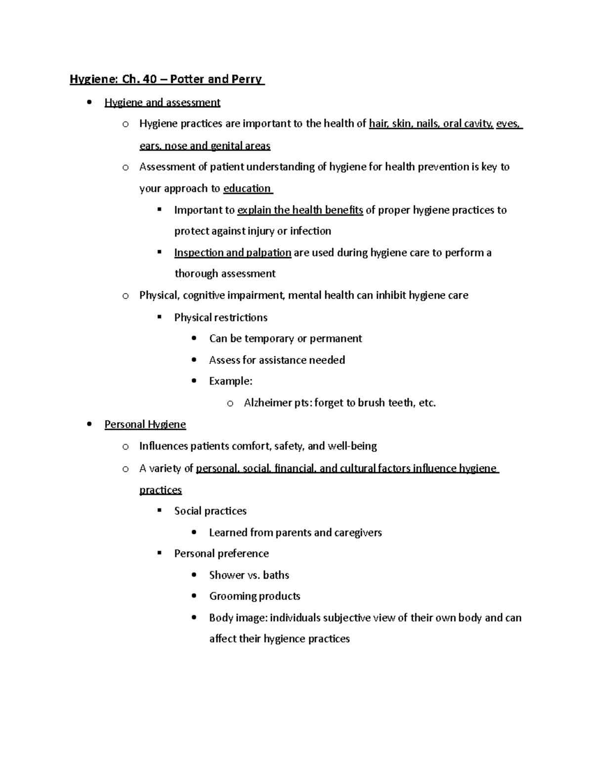 Hygiene Notes - Hygiene: Ch. 40 – Potter and Perry Hygiene and ...