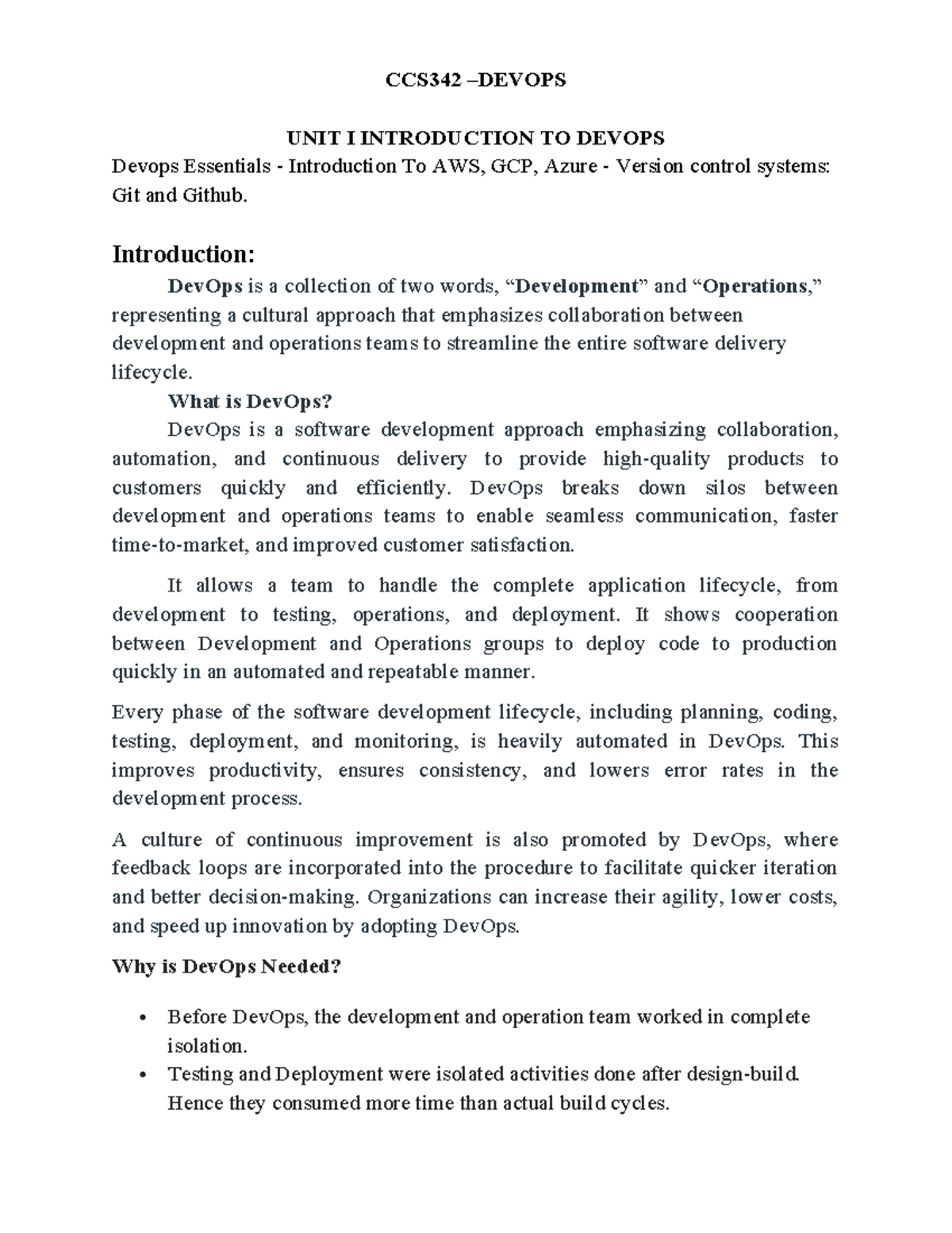 CCS342-devops- UNIT-1 - CCS342 –DEVOPS UNIT I INTRODUCTION TO DEVOPS Devops Essentials - - Studocu