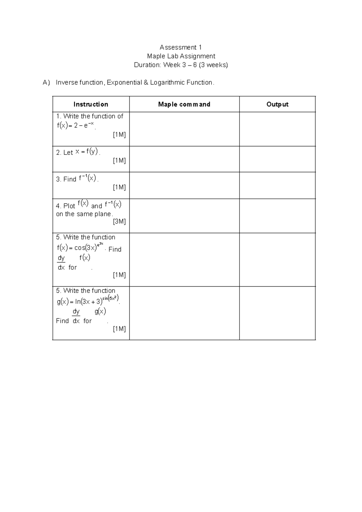 Assessment 1 - Maple (example) - Assessment 1 Maple Lab Assignment Duration: Week 3 – 6 (3 weeks ...