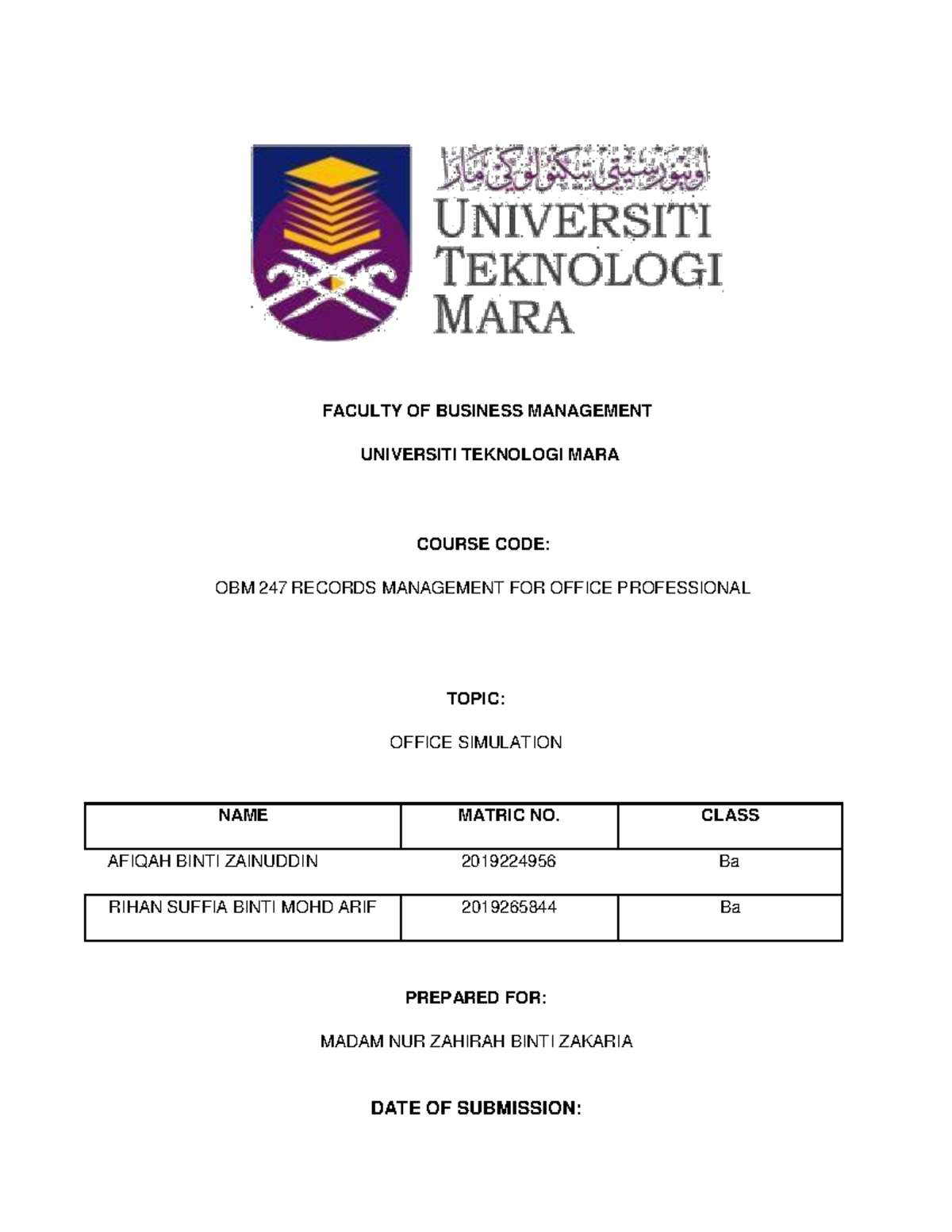 RECORDS MANAGEMENT SIMULATION - FACULTY OF BUSINESS MANAGEMENT ...