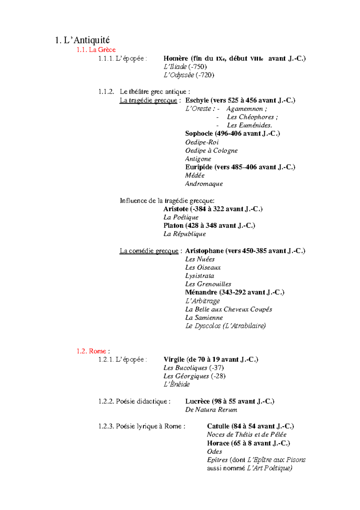 Plan Litt - Plan du cours - 1. L’Antiquité La Grèce 1.1. L’épopée ...