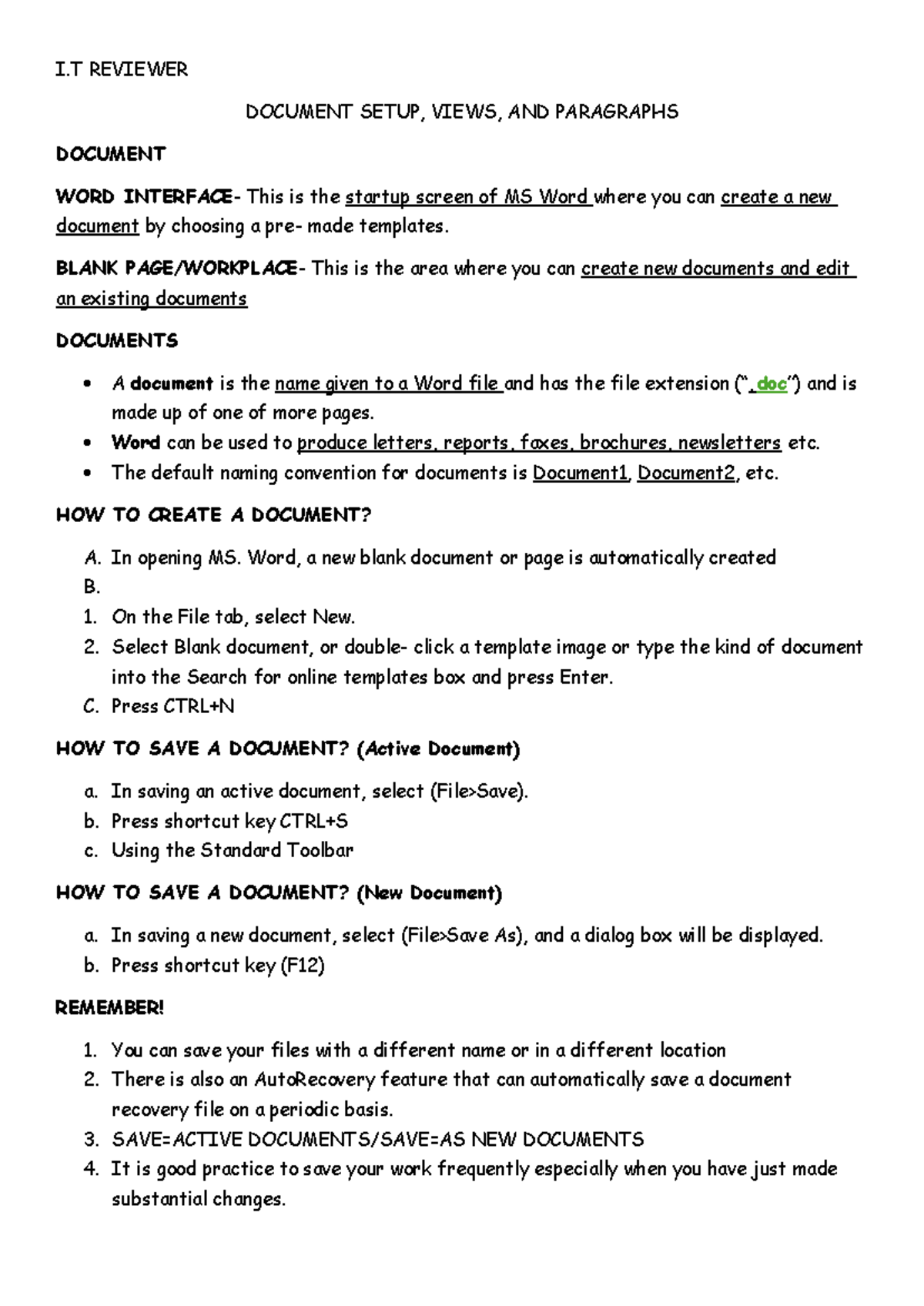 IT APPLICATION'S - I REVIEWER DOCUMENT SETUP, VIEWS, AND PARAGRAPHS ...
