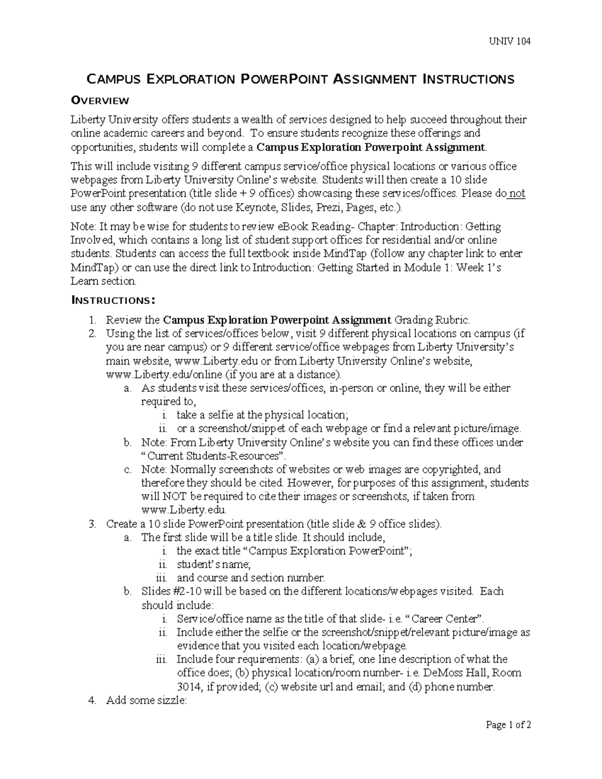 Campus Exploration Powerpoint Assignment Instructions - UNIV 104 CAMPUS EXPLORATION POWERPOINT ...