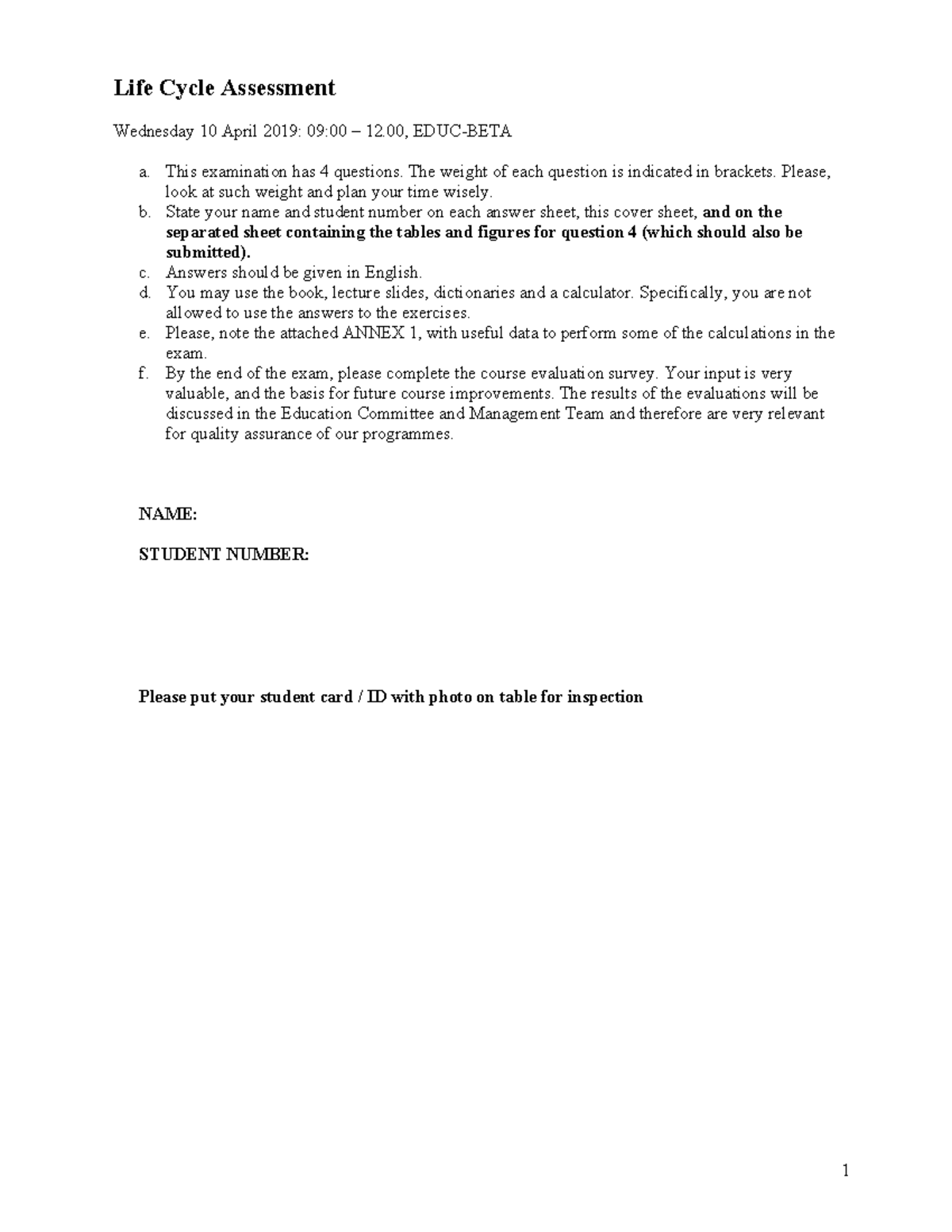 2019-10-04 LCA exam final - Life Cycle Assessment Wednesday 10 April ...