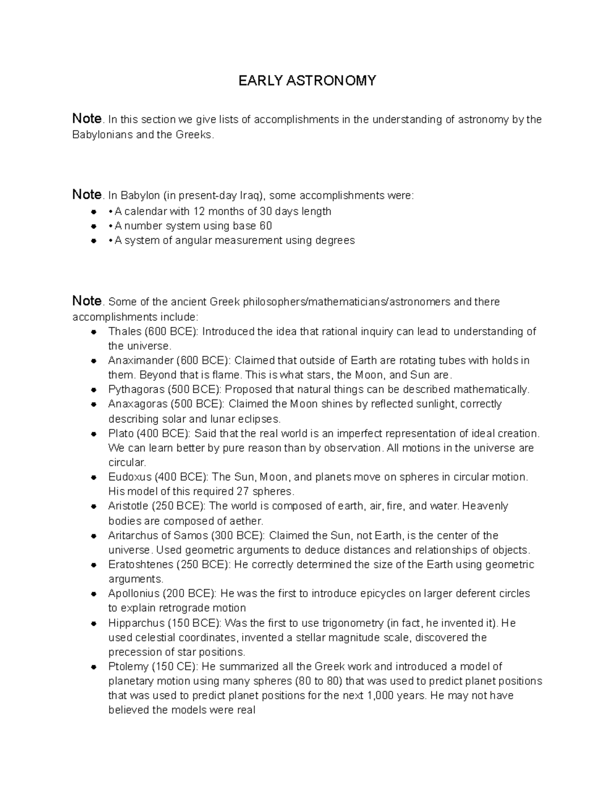 Astronomy Chapter 3 Notes Early Astronomy - EARLY ASTRONOMY Note. In ...